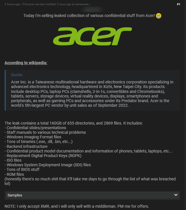 Acer mengatakan server untuk teknisi perbaikan diakses oleh peretas ...